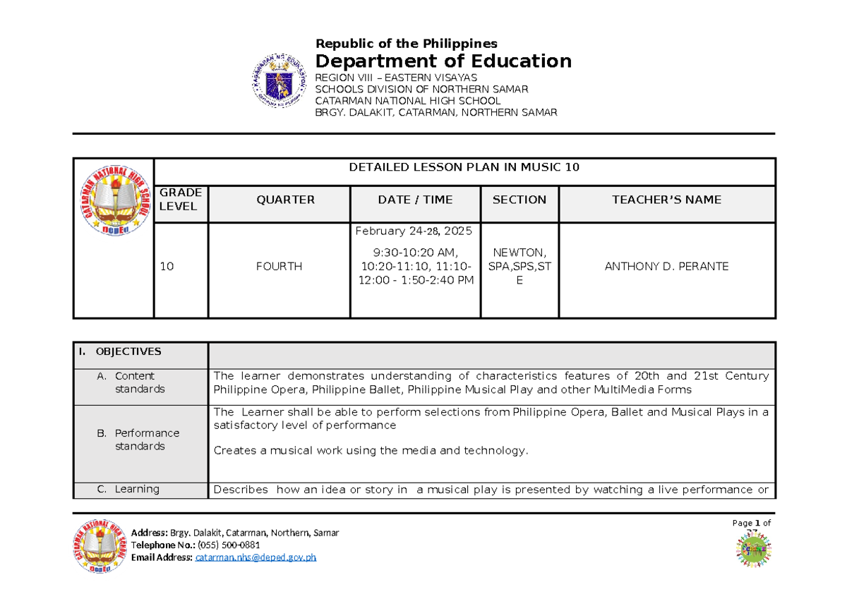 Detailed Lesson Plan in Music 10 (MU10MM) - 20th & 21st Century Forms ...