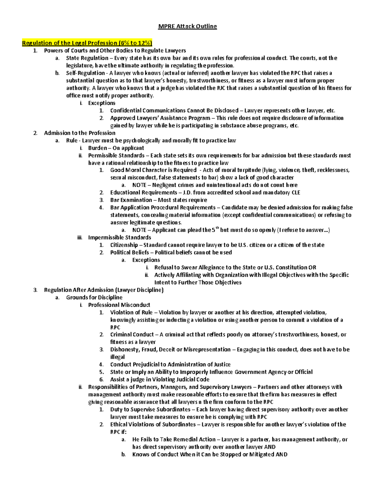 MPRE-Attack-Outline - Professional Responsibility - MPRE Attack Outline Regulation of the Legal ...