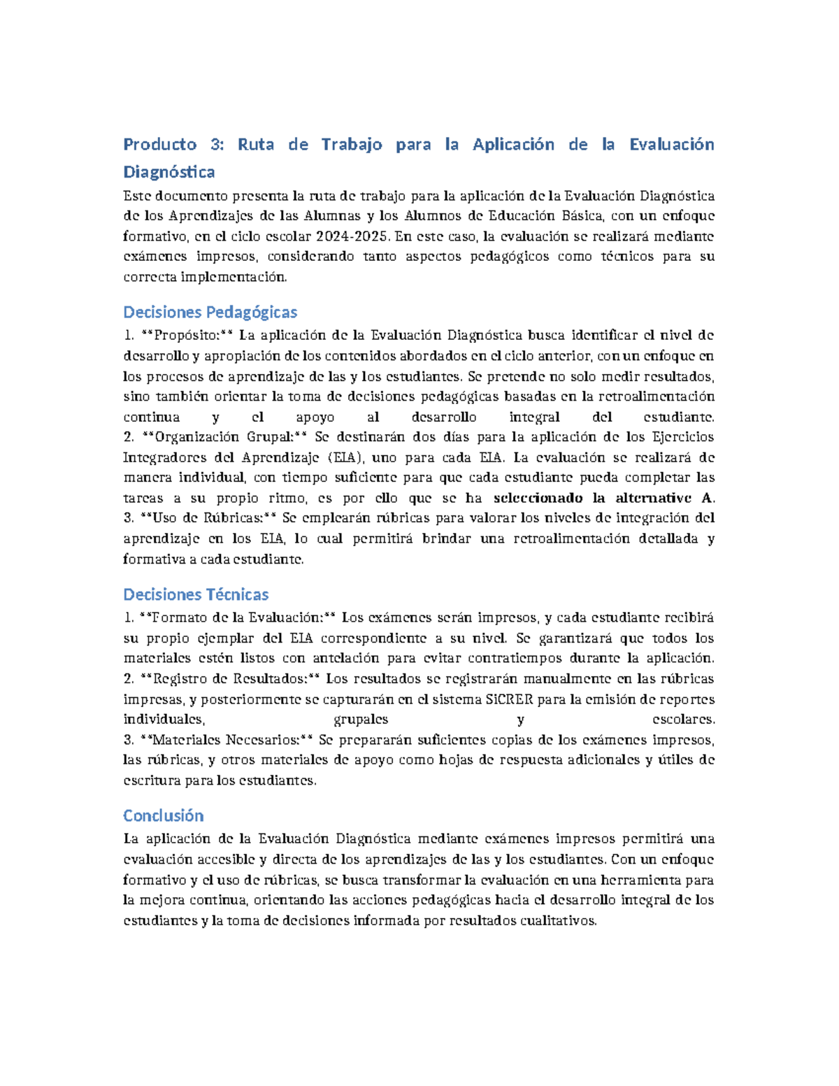 Evaluación Diagnóstica Impresa: Ruta de Trabajo para 2024-2025 - Studocu