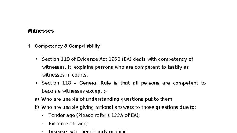 Witnesses Notes: Competency and Compellability Under Section 118 EA ...
