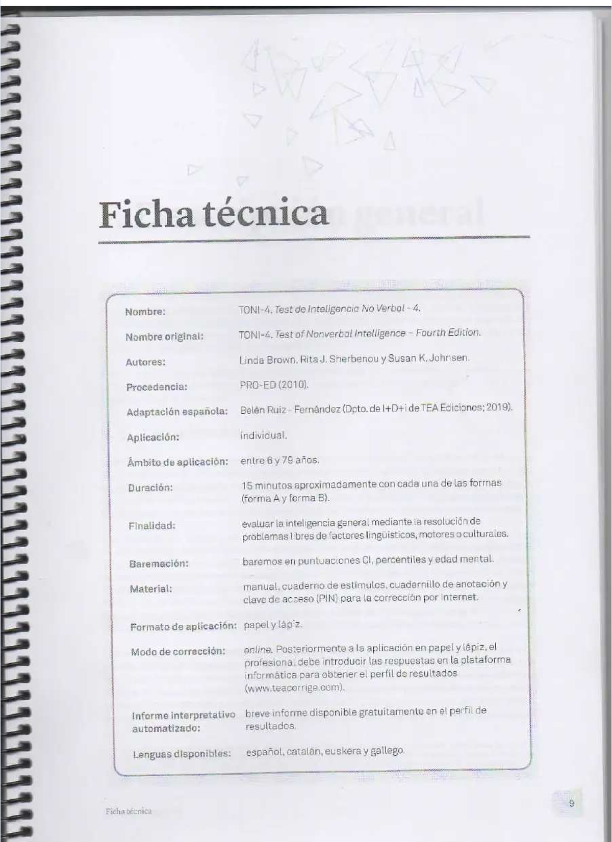 Manual del Test de Inteligencia No Verbal 4 (TONI-4) - Aplicación y ...