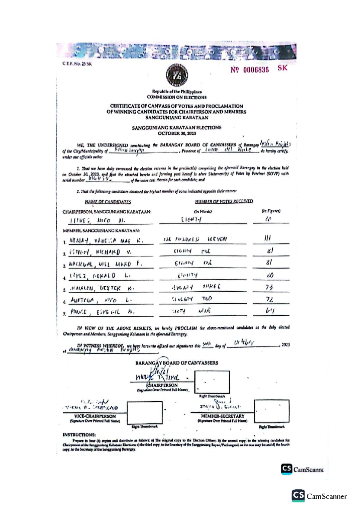 C.E.F. No. 25 SK: Canvass of Votes & Proclamation for SK Elections 2023 ...