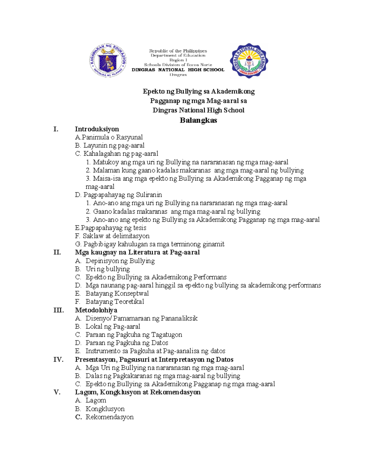 Sample-Balangkas- Epekto-ng-Bullying-Copy - Epekto ng Bullying sa ...