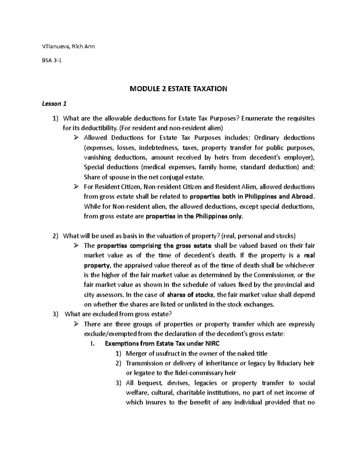 Estate Taxation: Key Concepts and Problems - BSA 3 Module 2 - Studocu