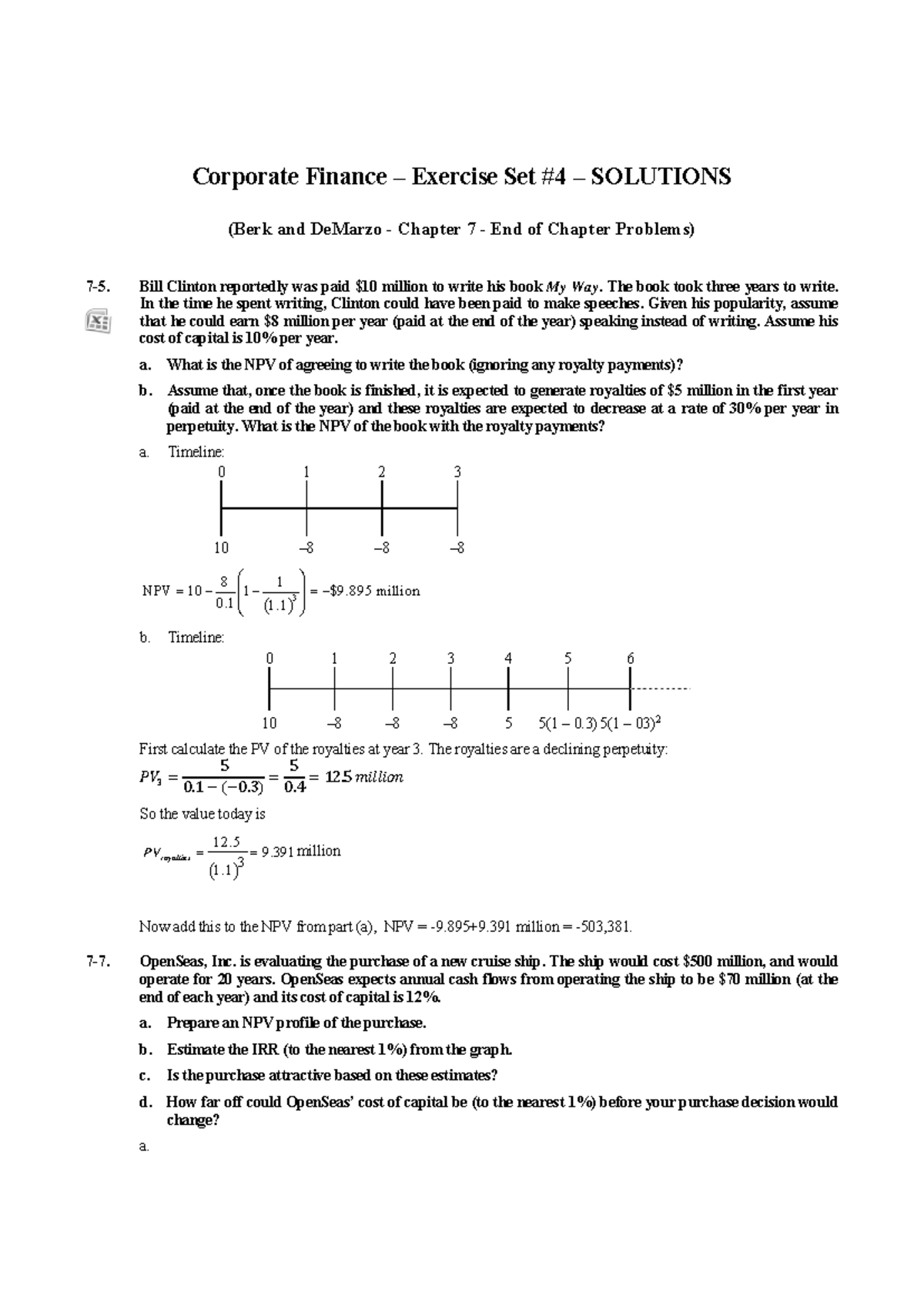 Exercise Set 4 - Solutions - Corporate Finance – Exercise Set #4 – SOLUTIONS (Berk and DeMarzo ...