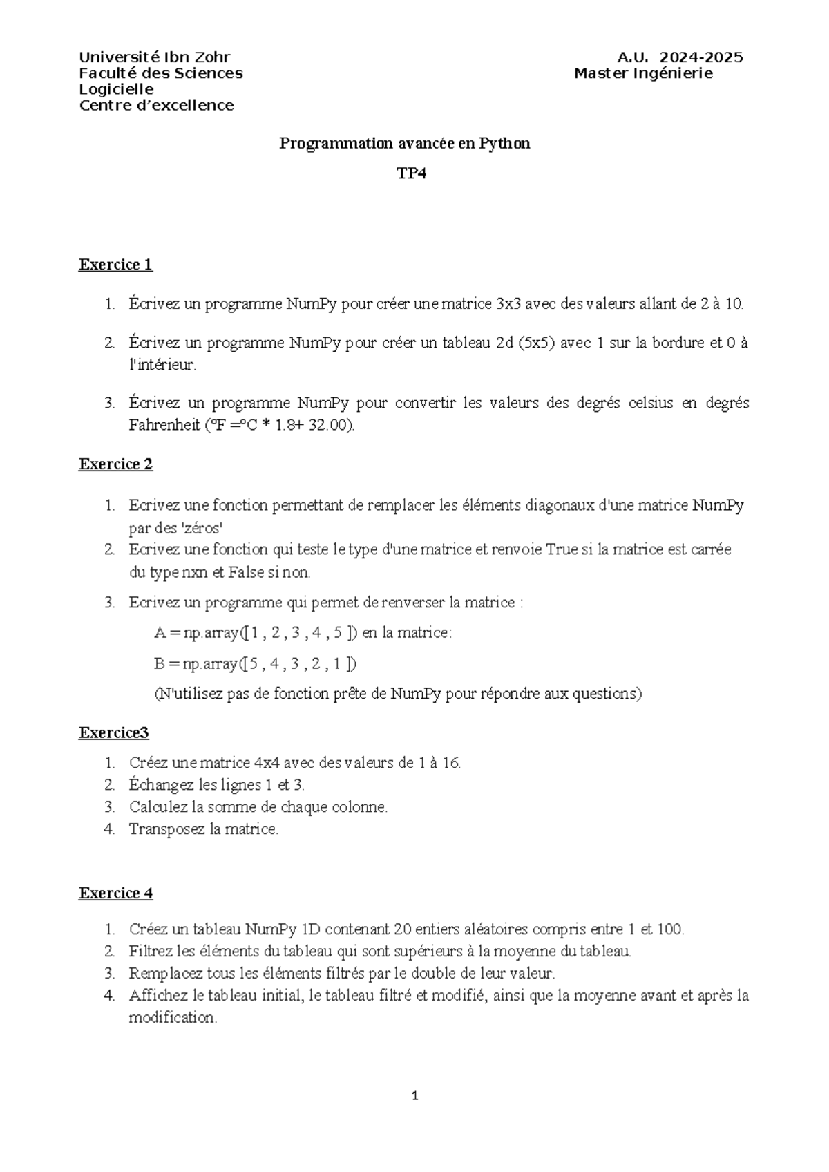 TP4 - Programmation Avancée en Python : Exercices NumPy - Studocu