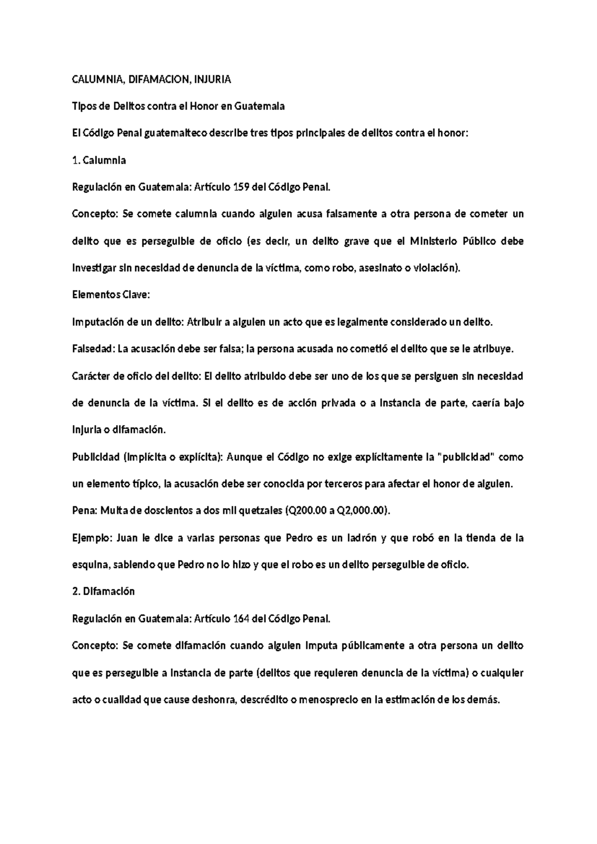 Tipos de Delitos contra el Honor en Guatemala: Calumnia, Difamación e Injuria - Studocu