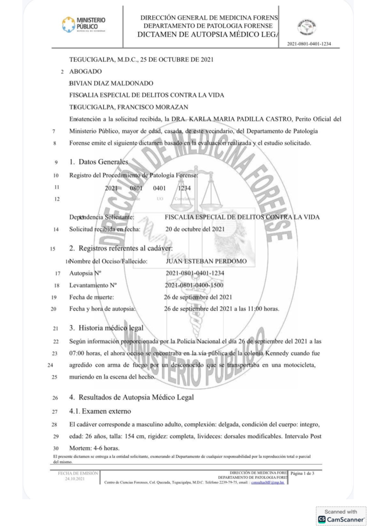 Dictamen de Autopsia Médico Legal - Caso JUAN ESTEBAN PERDOMO - Studocu