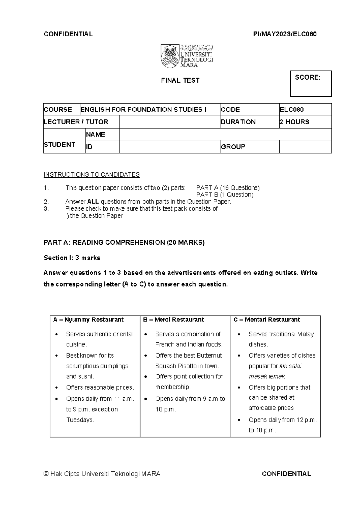 ELC080 Final Test: English for Foundation Studies I - 2023 - Studocu