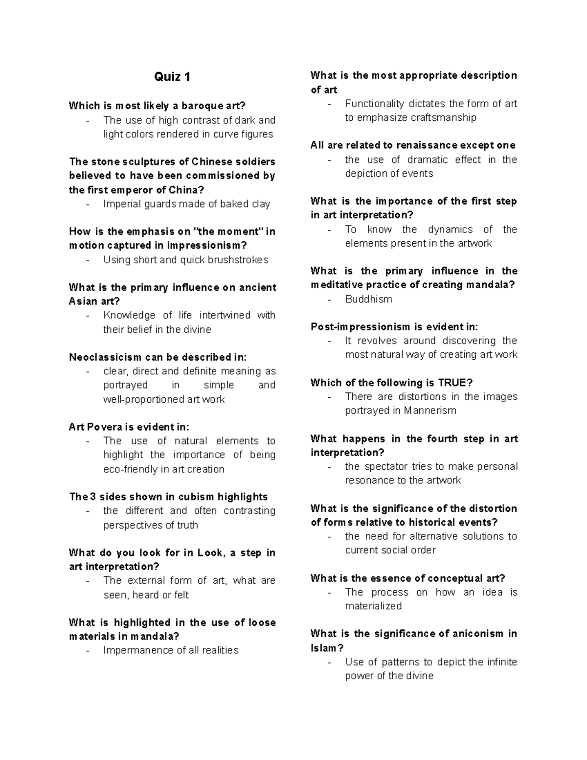 Art Appreciation Final Exam Quiz 1 & 2 - Key Concepts and Questions ...