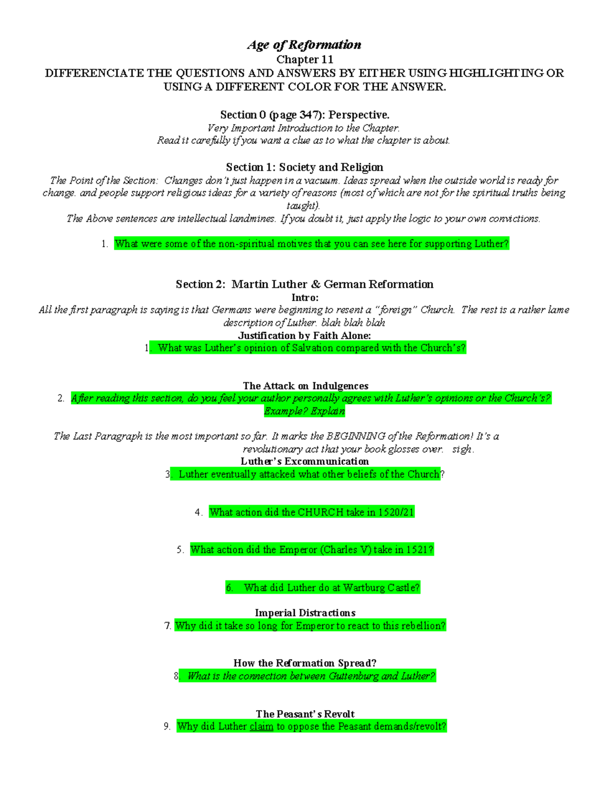 Age of Reformation GRQ - Age of Reformation Chapter 11 DIFFERENCIATE ...