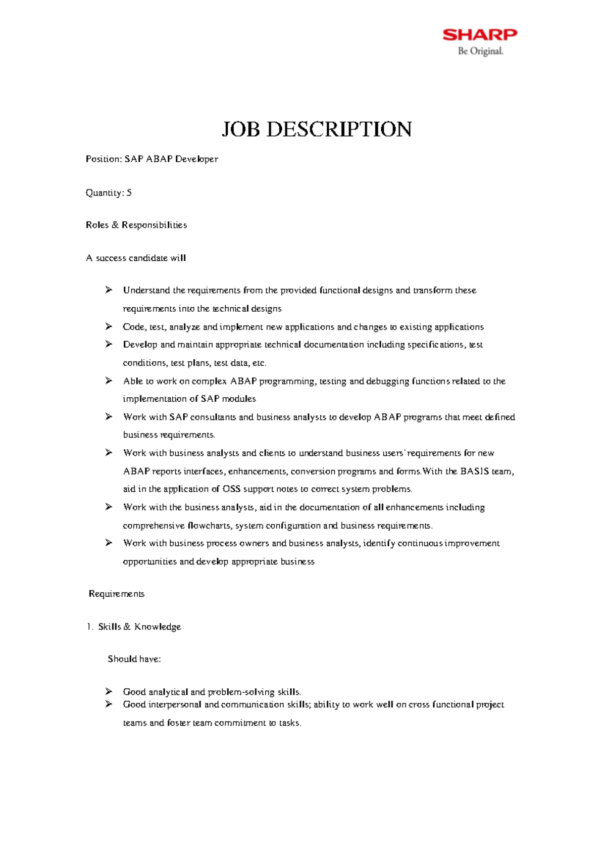 JD for SAP ABAP Developer Position (5 Openings) - 28-Jun-23 - Studocu