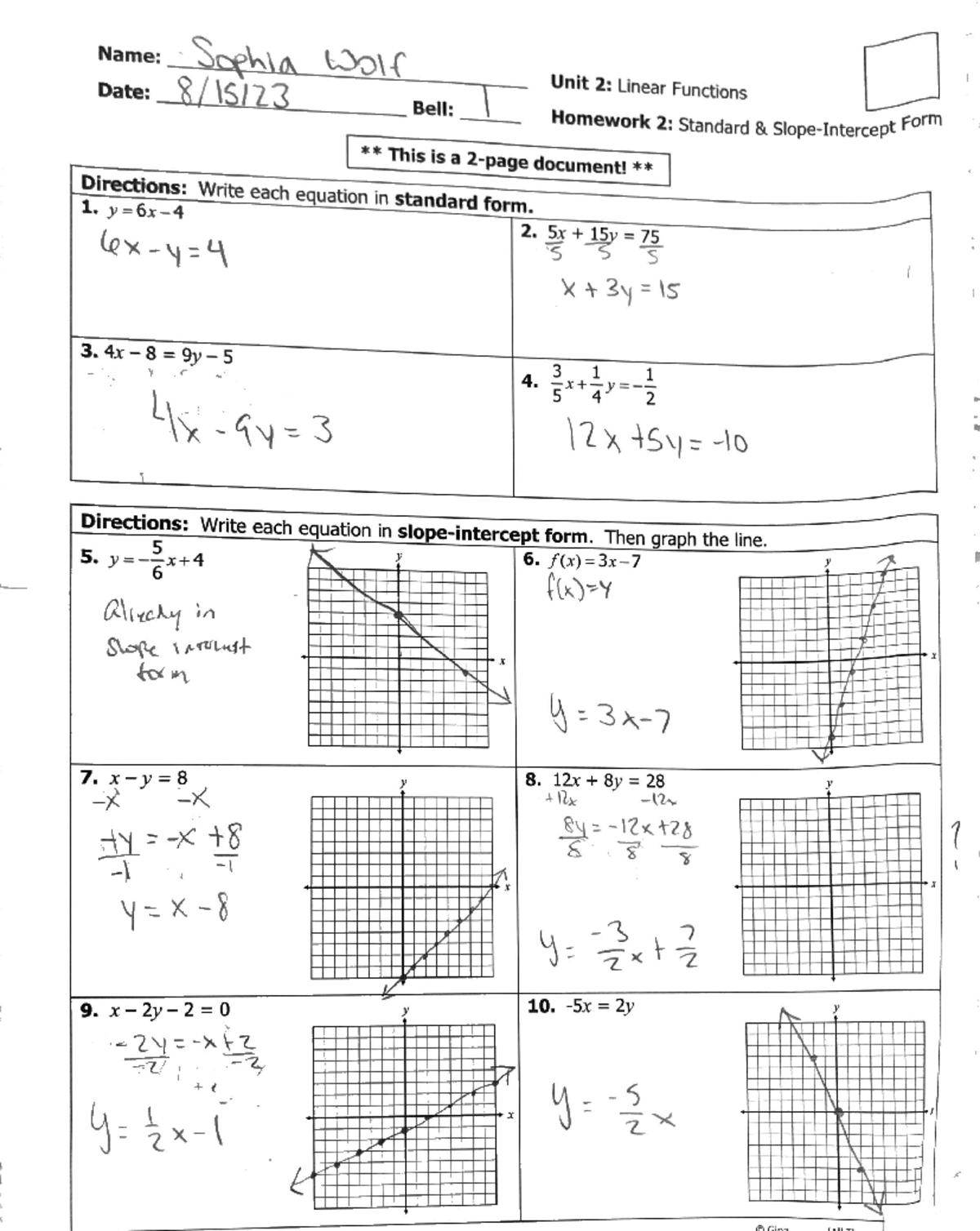 Math Homework: Unit 2 Linear Functions (Hw 2: Standard Form) - Studocu