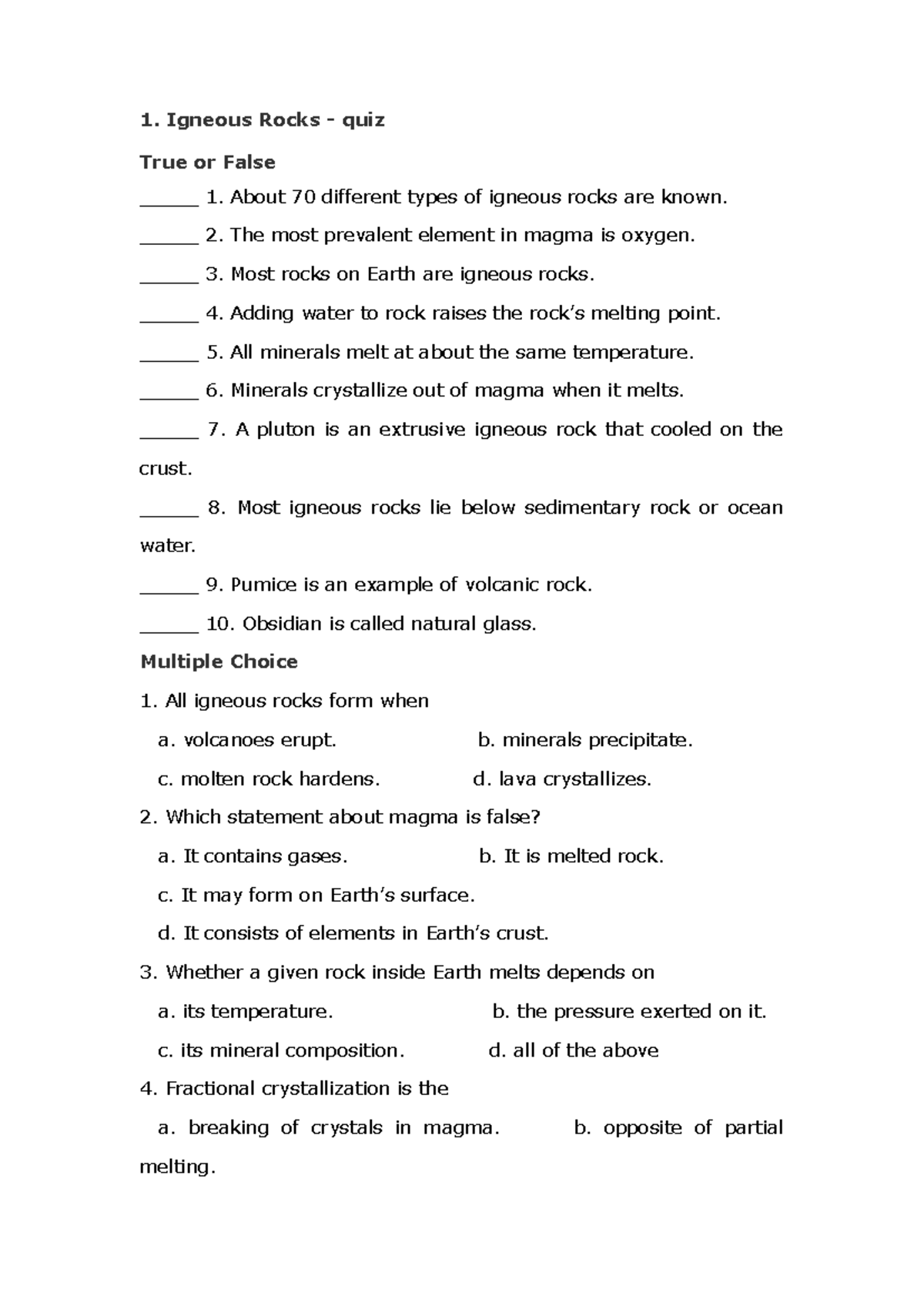 Igneous Rocks - Quiz - Human Geography (Updated) - Studocu