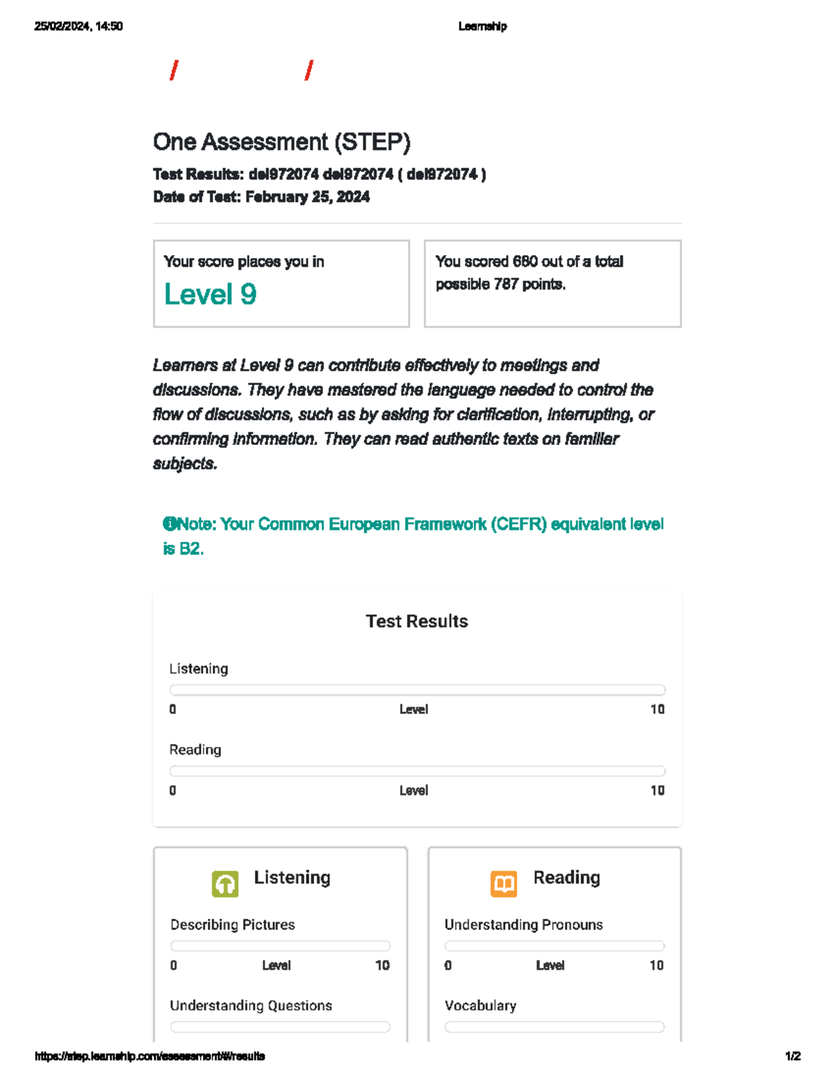 STEP Assessment Results - del972074 Level 9 CEFR B2 Score Highlights ...