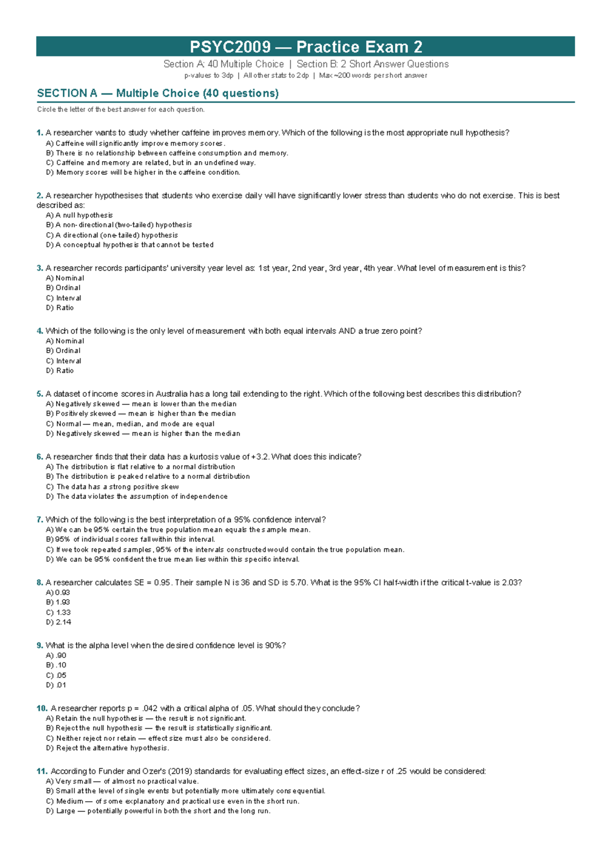 PSYC2009 Practice Exam 2: MC & Short Answer Questions Analysis - Studocu