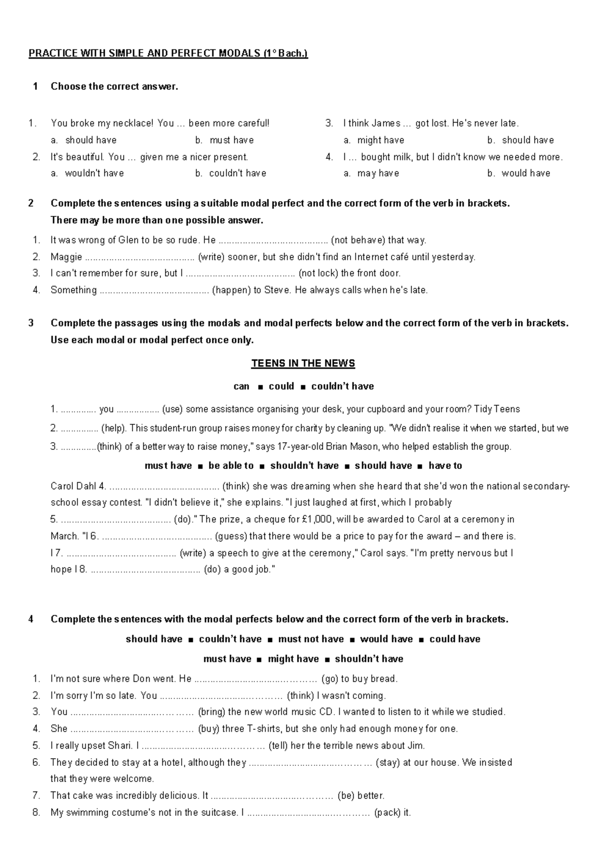 PRACTICE WITH SIMPLE AND PERFECT MODALS (1º Bach.) - Studocu