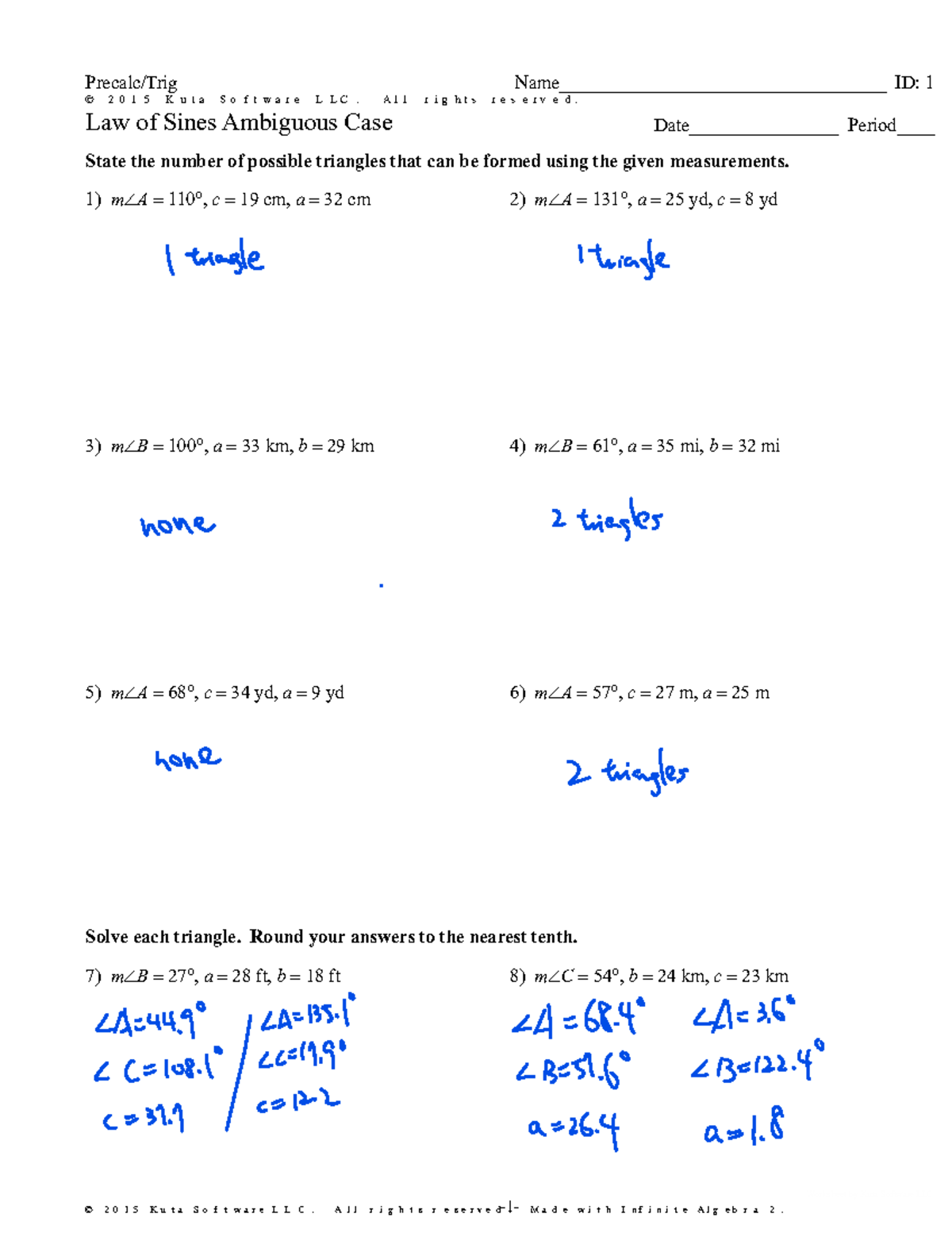 Law of Sines Ambiguous Case Worksheet (Precalc/Trig) - Studocu