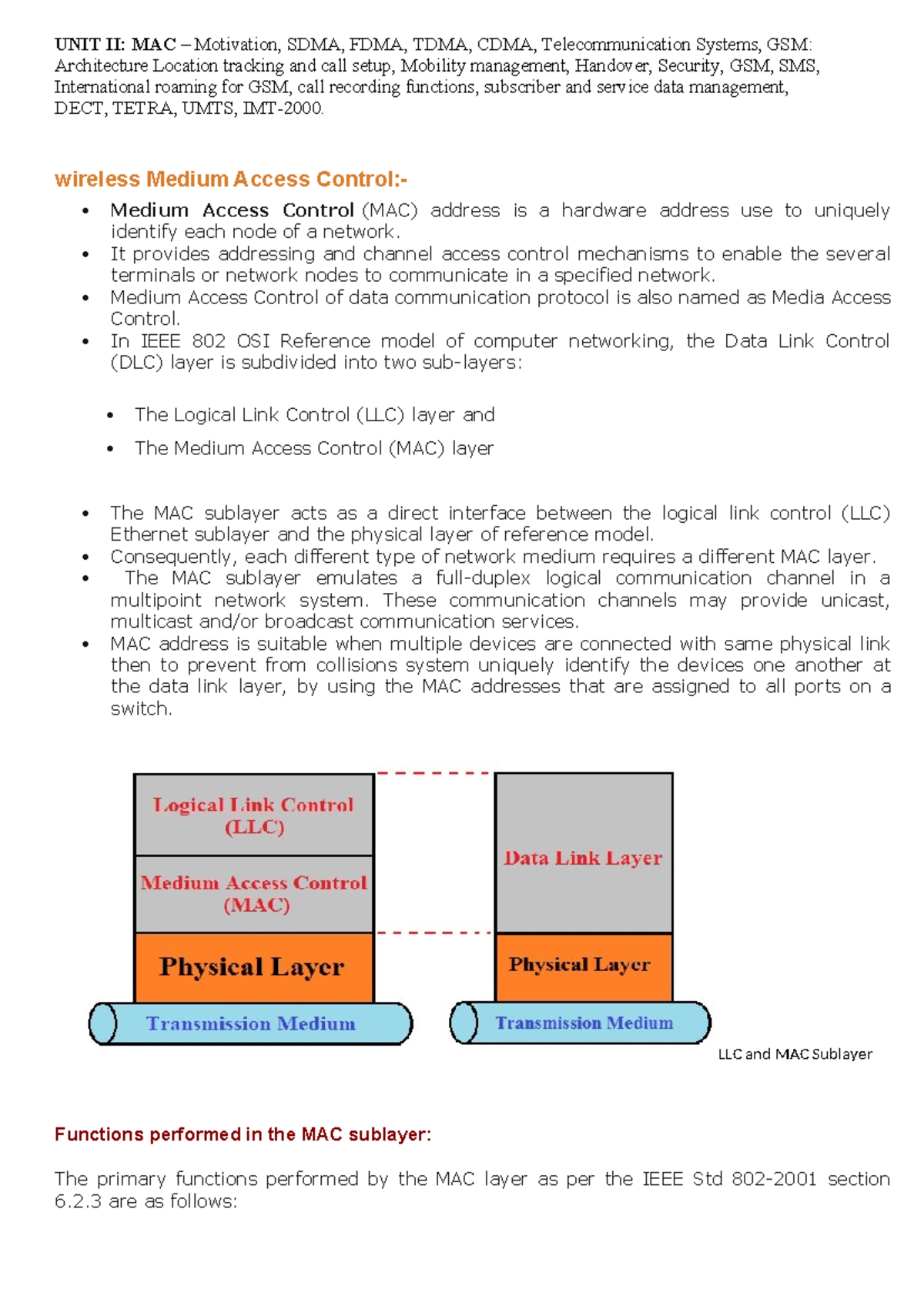 MC UNIT II - MAC Techniques and Telecommunication Systems Overview ...