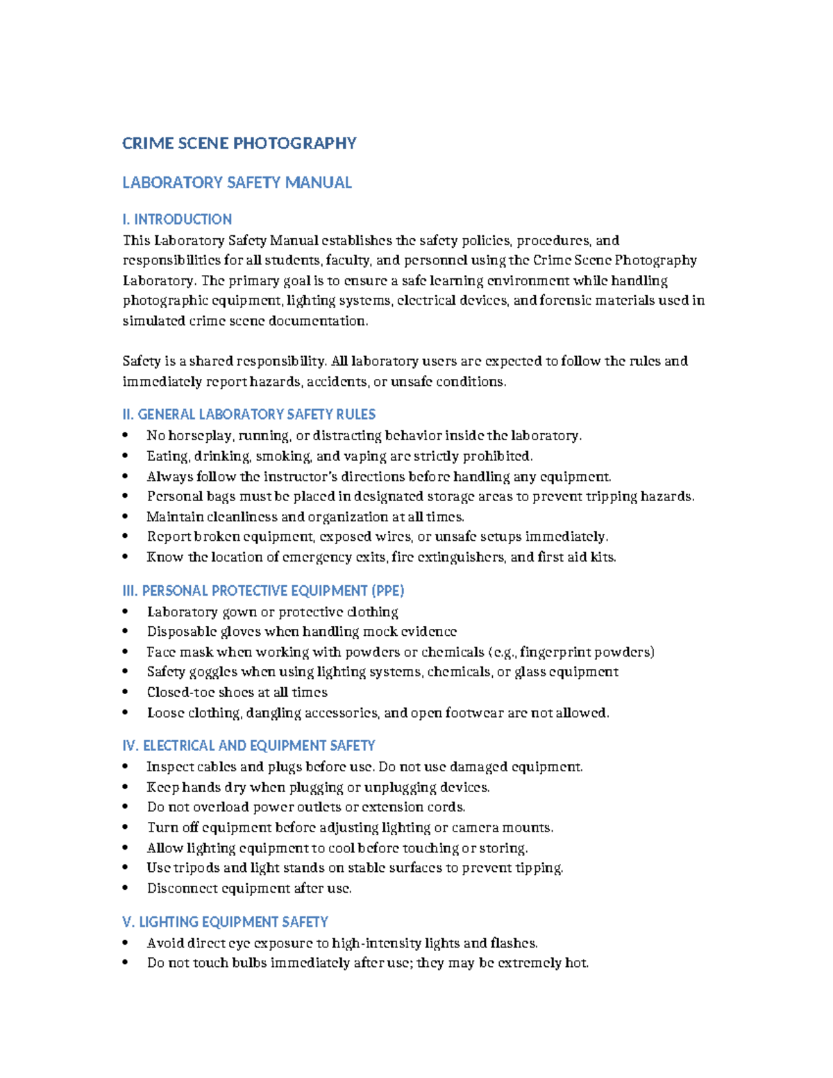 CRIME SCENE PHOTOGRAPHY LAB SAFETY MANUAL: GUIDELINES & PROCEDURES ...