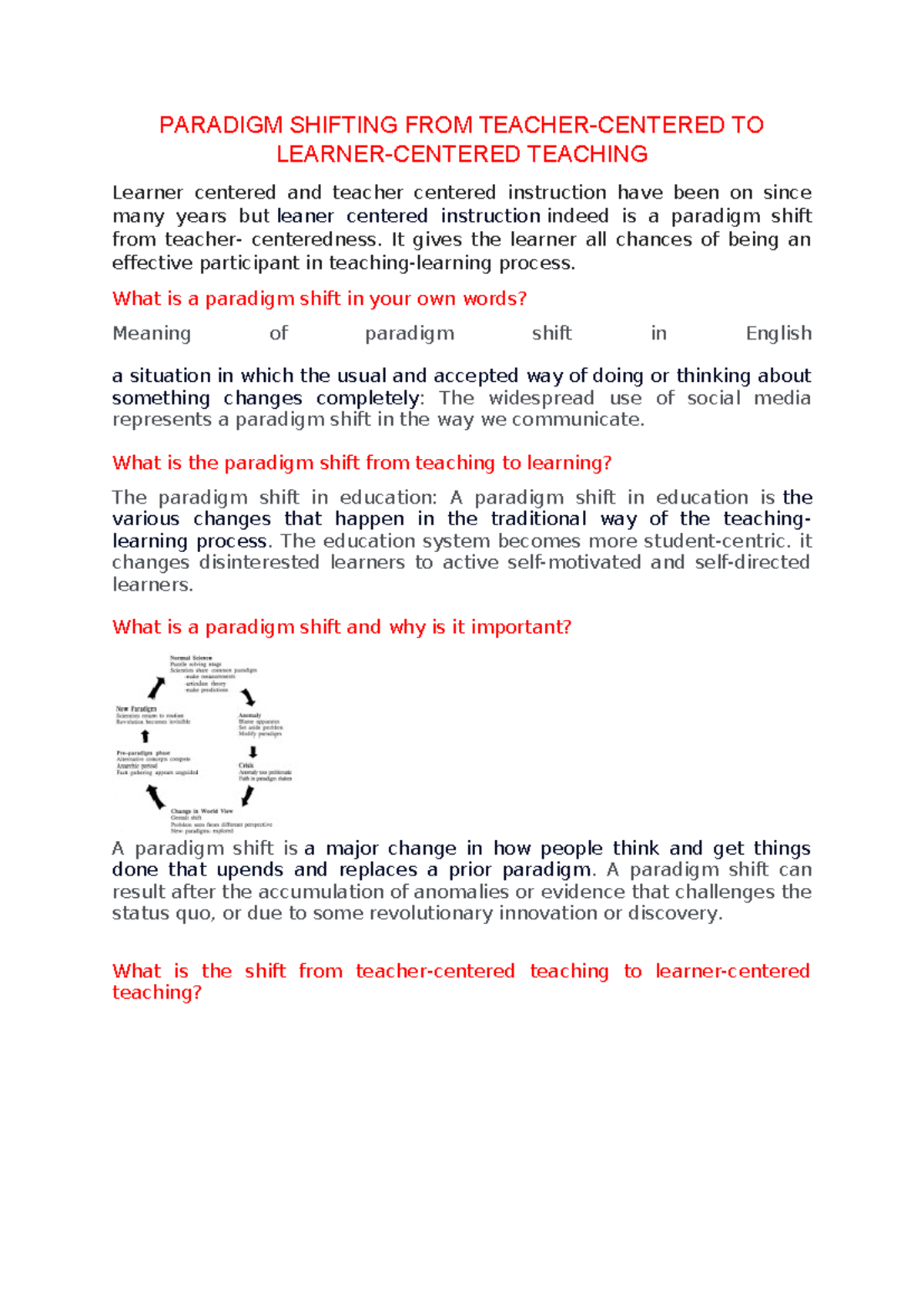 Paradigm Shift from Teacher Centered to Learner Centered - PARADIGM SHIFTING FROM TEACHER ...