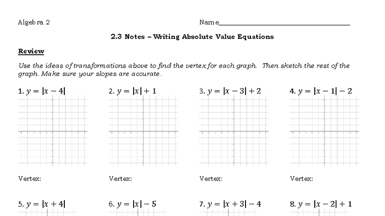 Algebra 2 2.3 Final Exam Notes: Writing Absolute Value Equations - Studocu