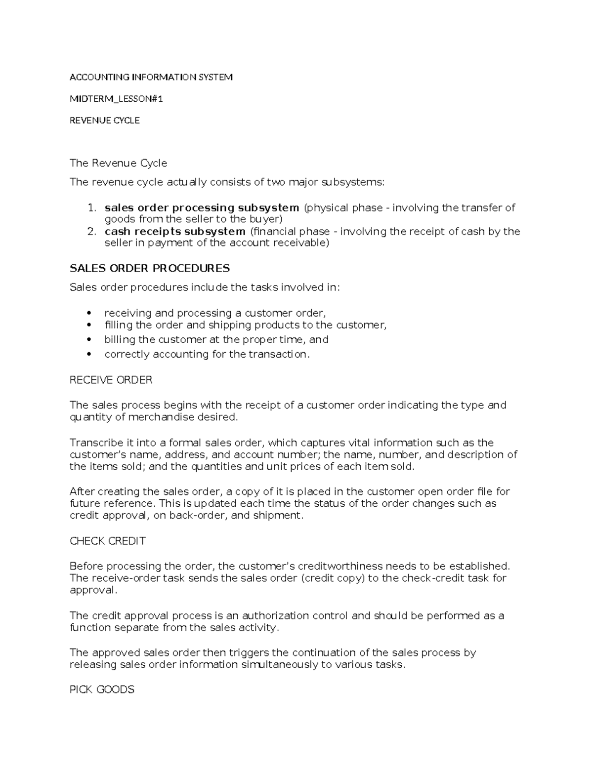 ACCT 301: Revenue Cycle Overview and Procedures - Studocu