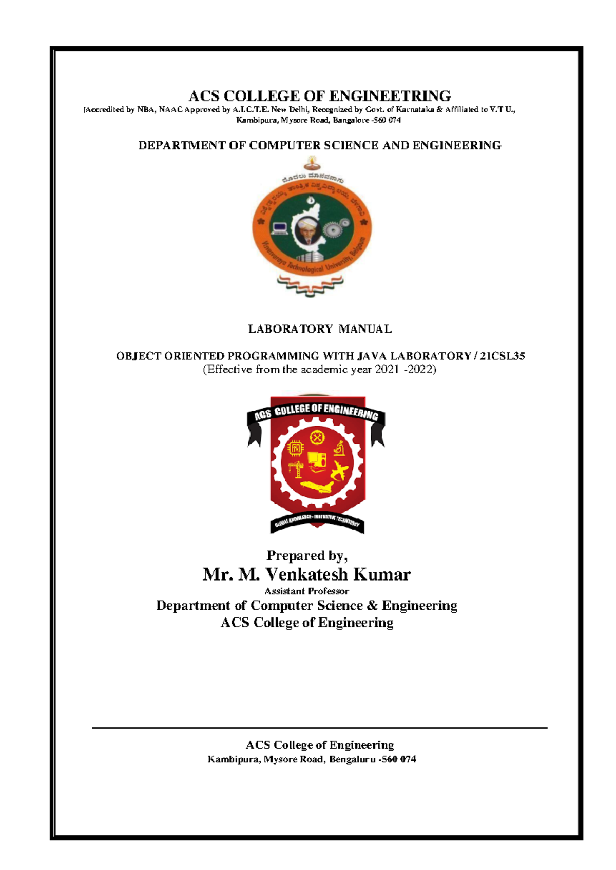 Java Lab Manual: Object-Oriented Programming - 21CSL35 CSE - Studocu