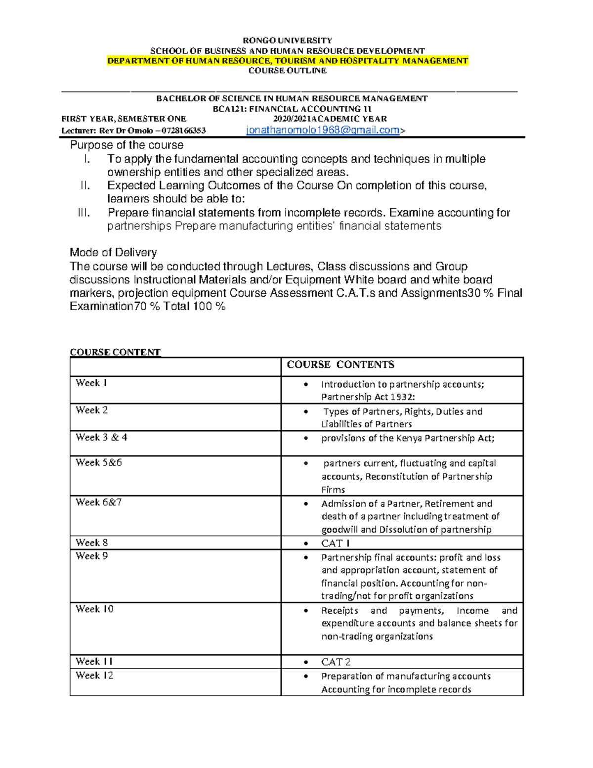 BCA121: Financial Accounting II Course Outline and Guidelines - Studocu