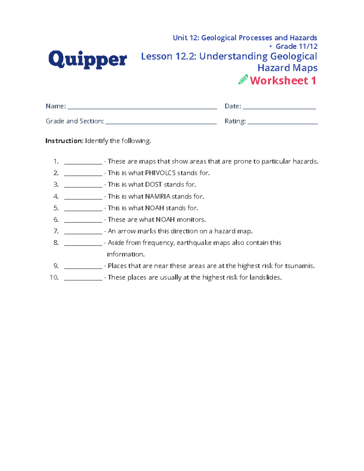 Unit 12: Geological Processes & Hazards - SHS 12.2 Worksheet 1 - Studocu