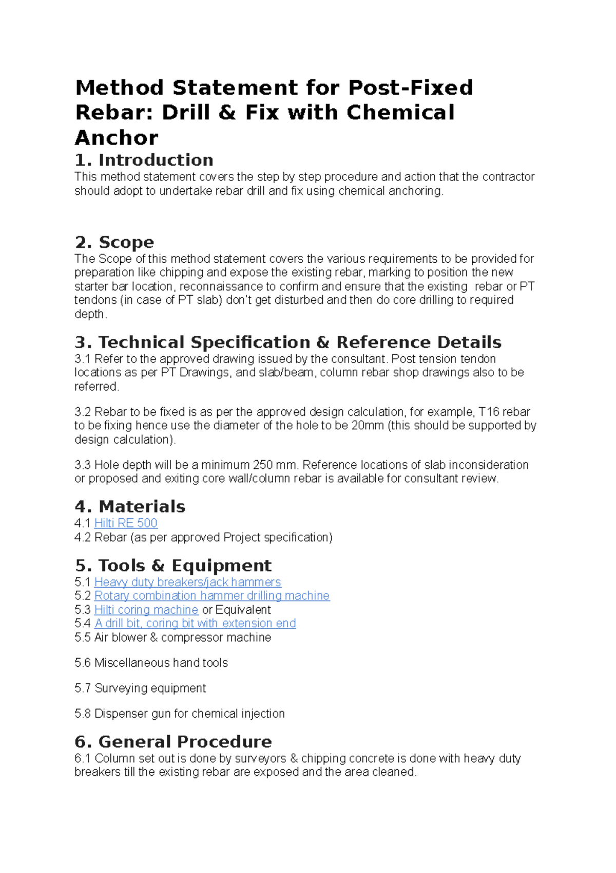 Method Statement for Post-Fixed Rebar Installation (Drill & Fix) - Studocu