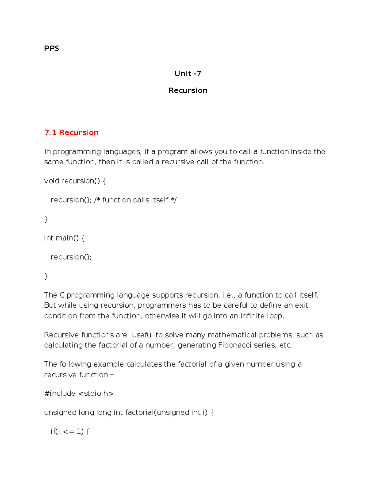 PPS 7 - Understanding Recursion: Concepts & Example Programs - Studocu