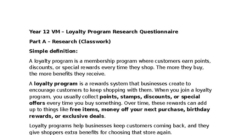 Year 12 VM Loyalty Program Research Questionnaire (Classwork) - Studocu