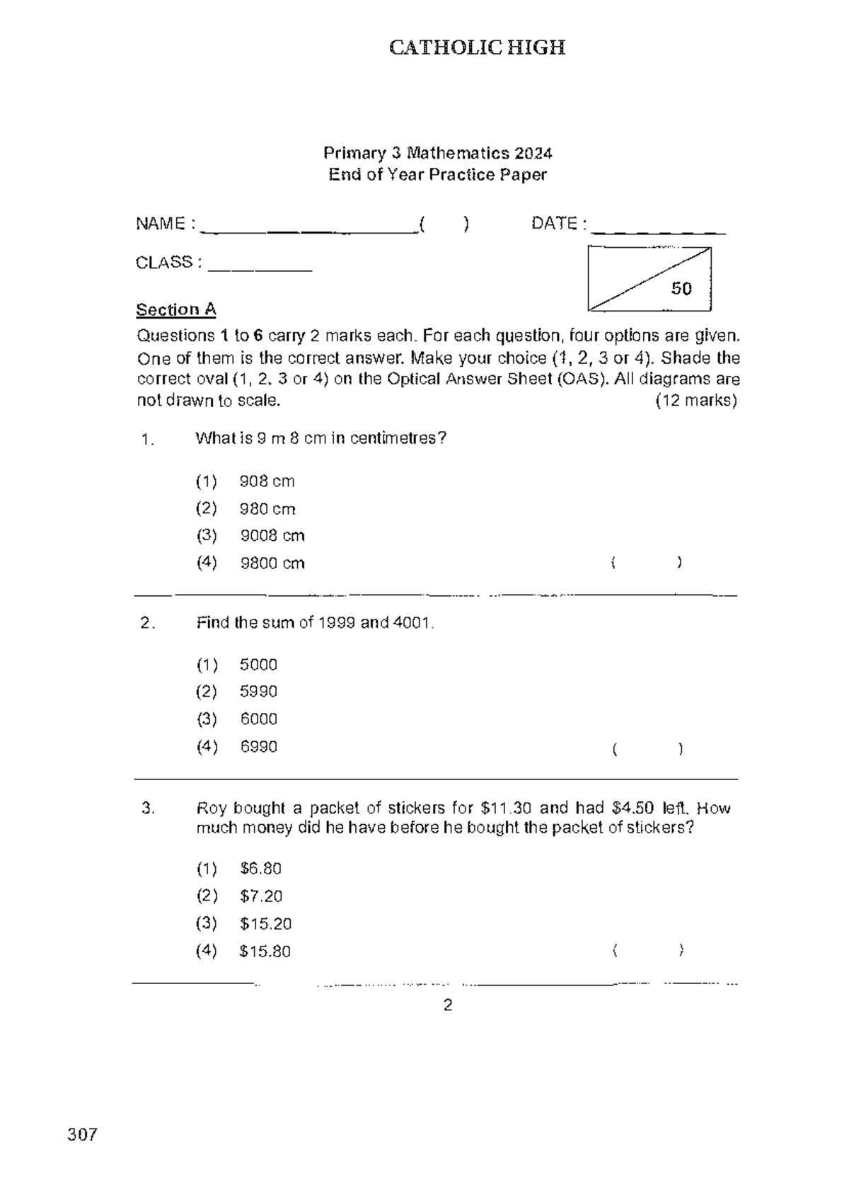 CATHOLIC HIGH P3 Maths 2024 End of Year Practice Paper - Studocu