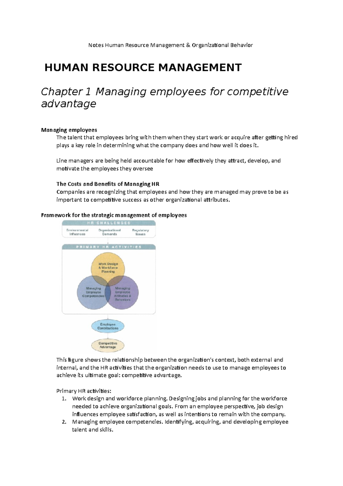 Notes HRM - summary 2019-2020 - Organizational Behaviour and Human ...