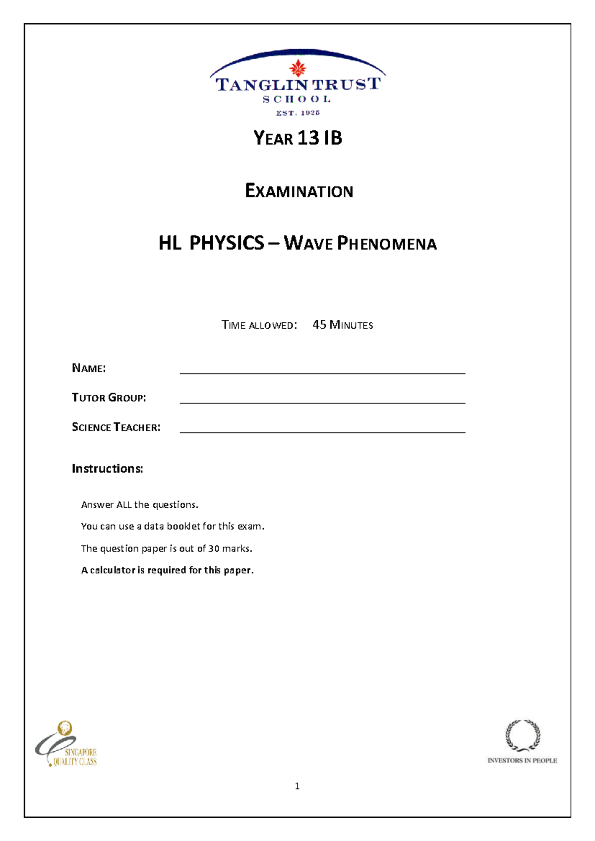 YEAR 13 IB HL PHYSICS WAVE PHENOMENA EXAM QUESTIONS - Studocu