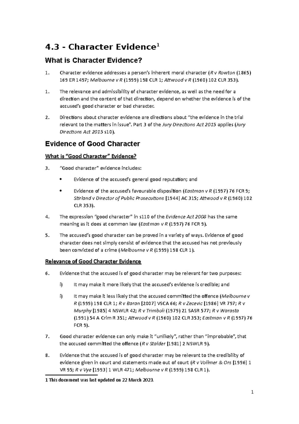 Final Exam Notes on Character Evidence (LAW101) - Studocu