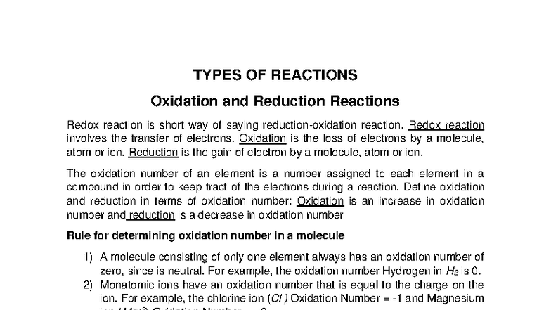 TYPES OF REACTIONS: Oxidation and Reduction (Redox) Overview - Studocu