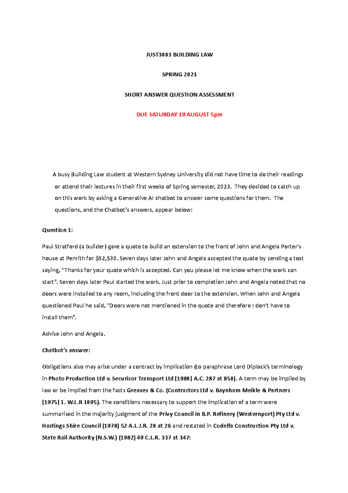 JUST3003 Building Law Assessment 1 - Spring 2023 Short Answers - Studocu