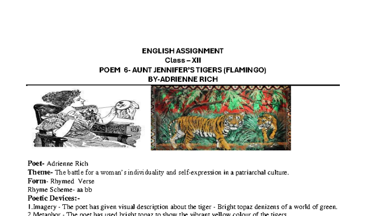 ENGLISH ASSIGNMENT Class XII: Poem Analysis of "Aunt Jennifer's Tigers ...