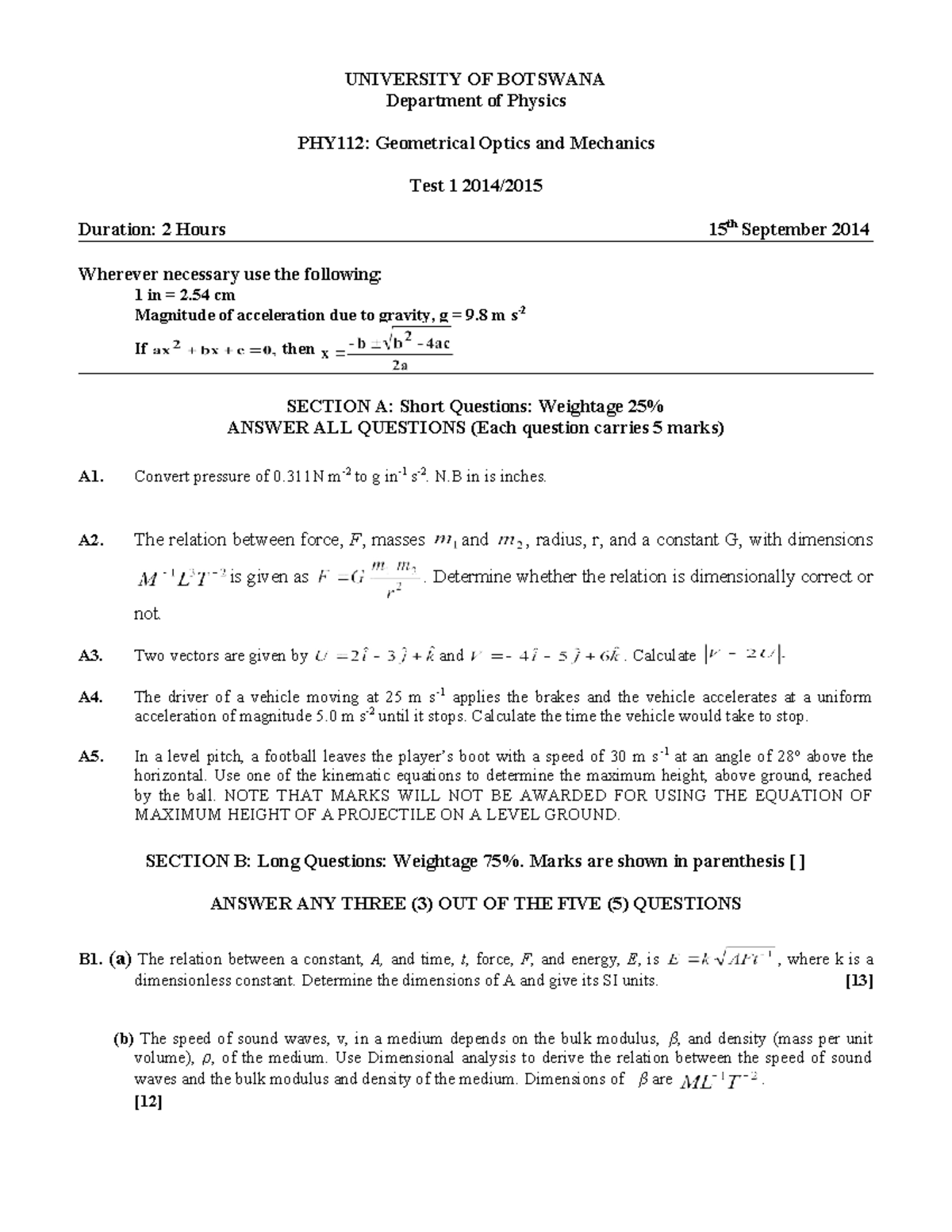 PHY112: Geometrical Optics & Mechanics Test 1 Questions (2014) - Studocu