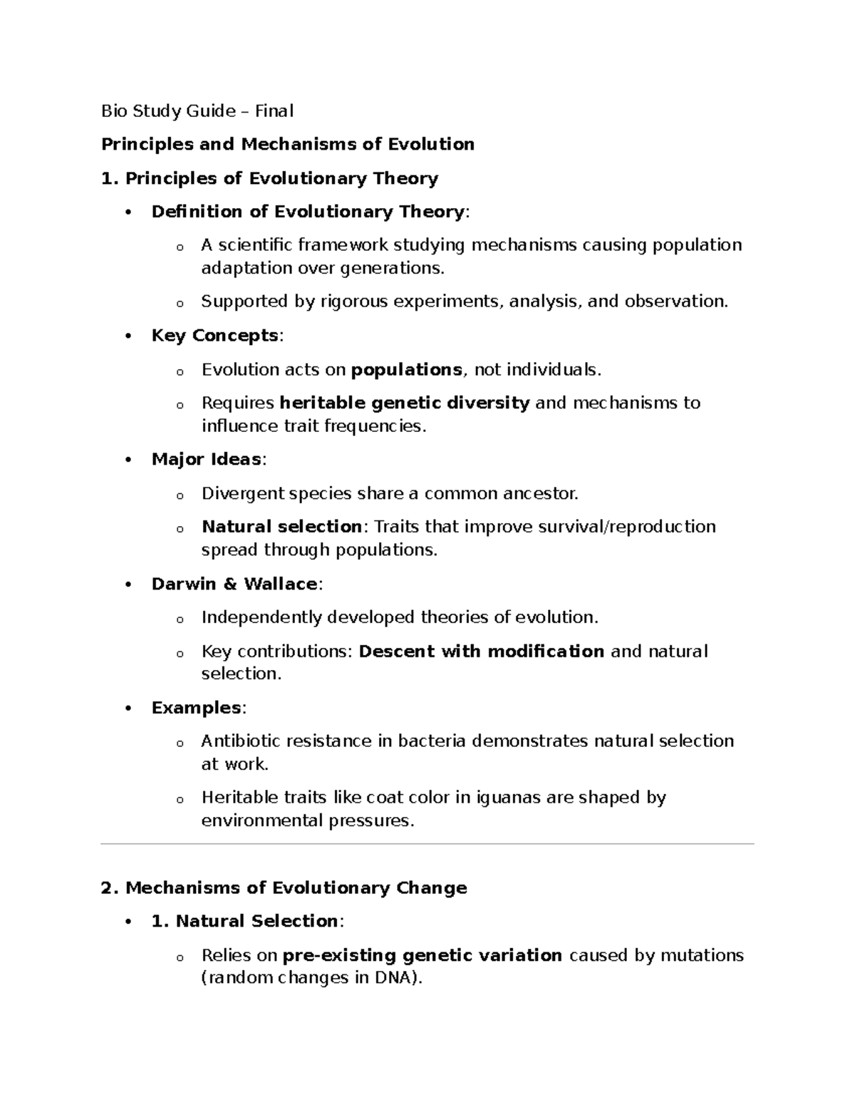BIO 101 Final Exam Study Guide: Principles & Mechanisms of Evolution ...