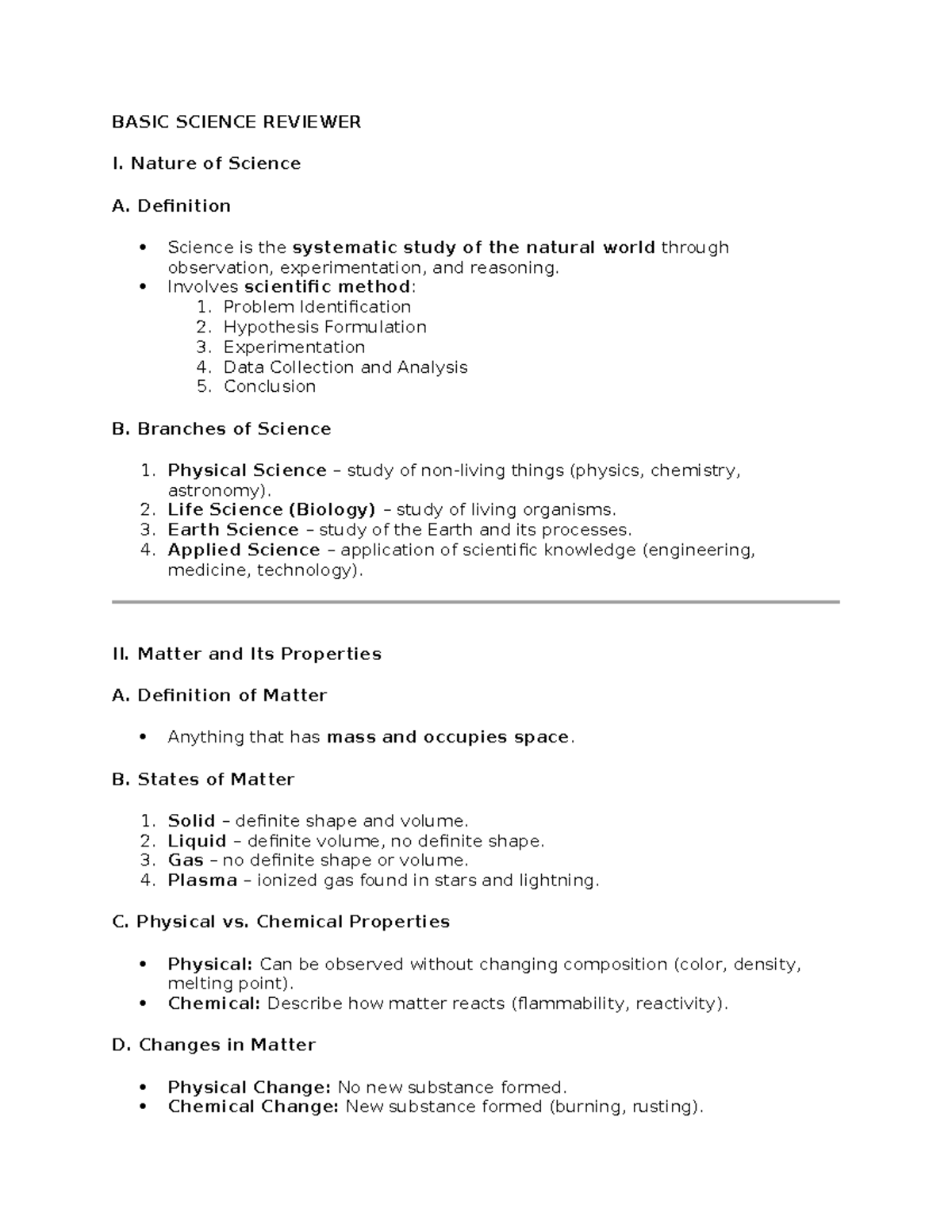 BASIC SCIENCE REVIEWER I: Key Concepts and Definitions - Studocu