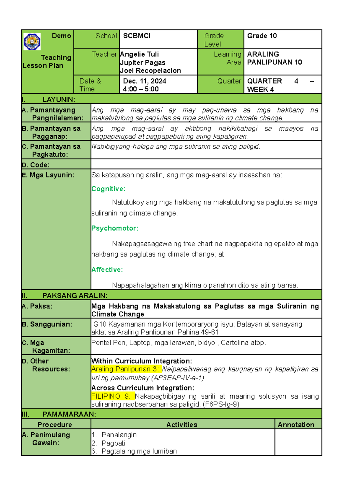 G10 Araling Panlipunan Lesson Plan: Climate Change Solutions - Studocu