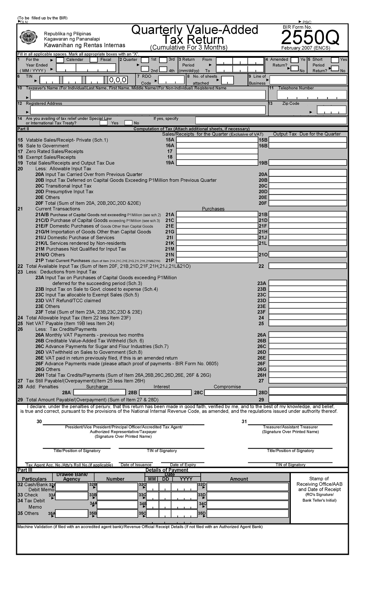 BIR Form 2550Q - study notes - (To be filled up by the BIR) DLN: PSIC ...