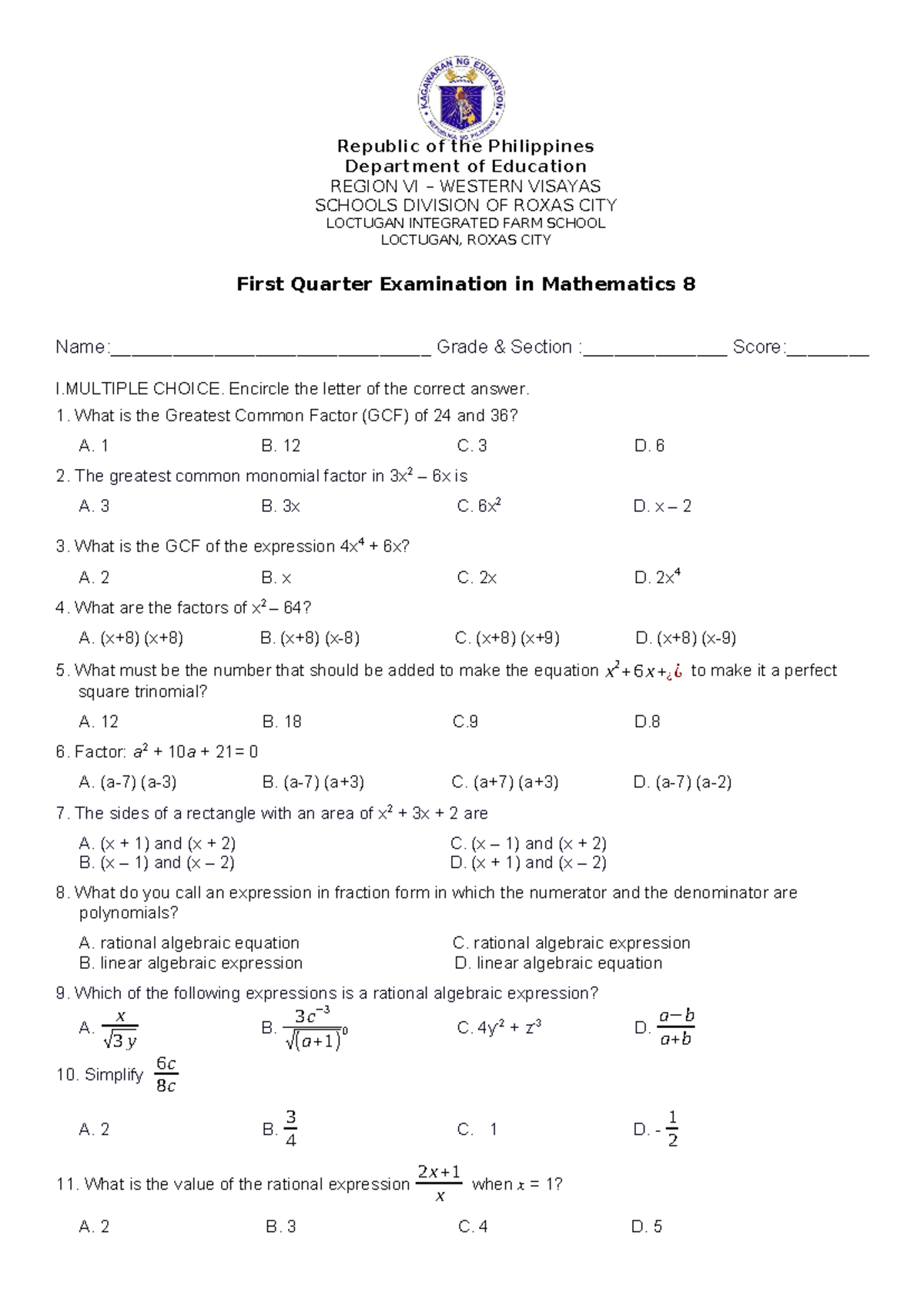 Math 8 Q1 Exam: Multiple Choice Questions (SY 22-23) - Studocu