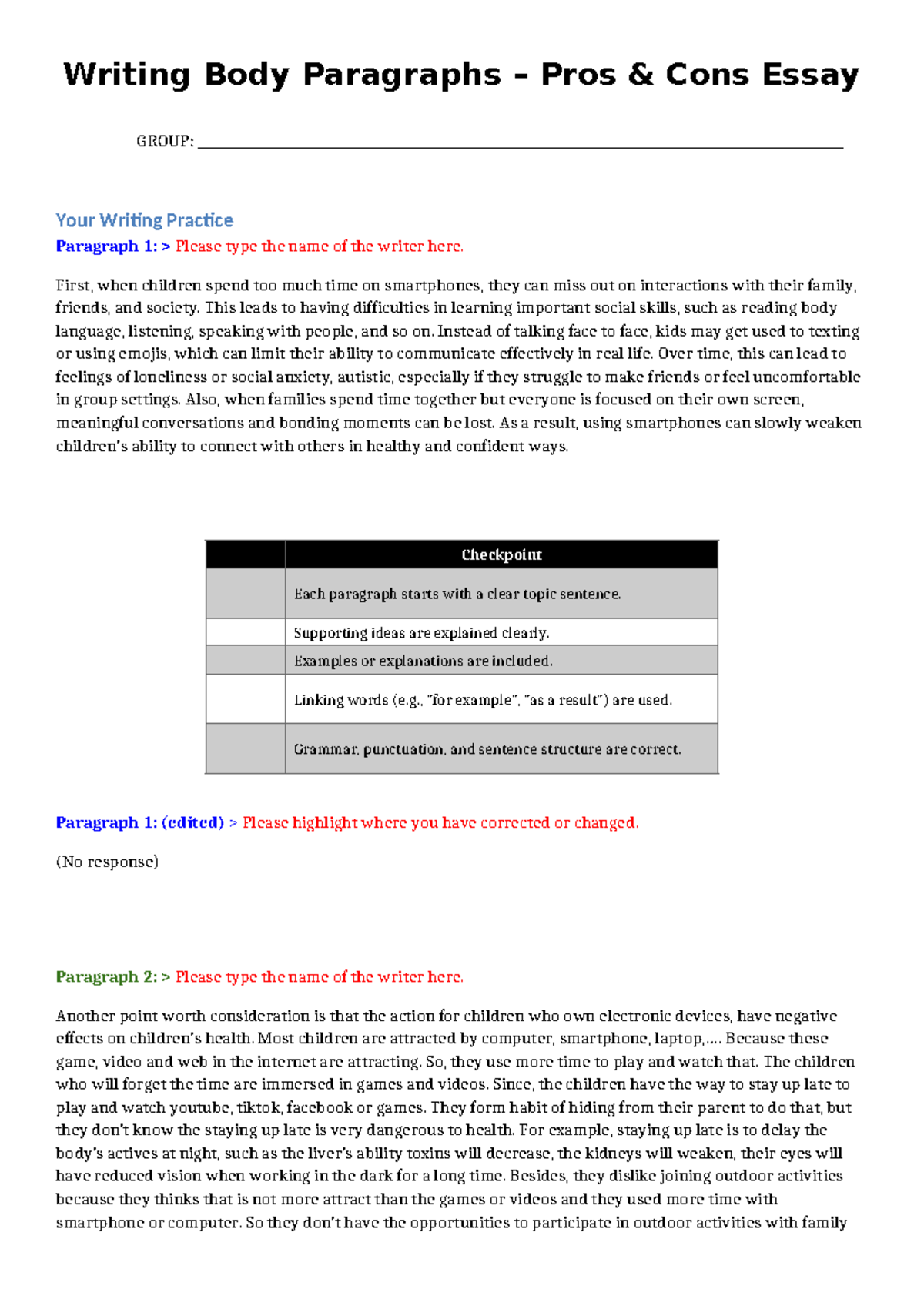 Writing body paragraphs pros and cons essay (group) - Studocu