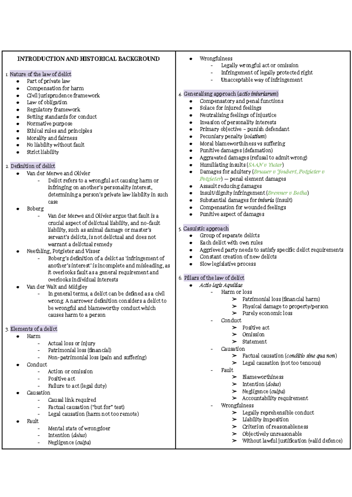 Law of Delict (LAW101): Comprehensive Summary Sheets and Key Concepts ...