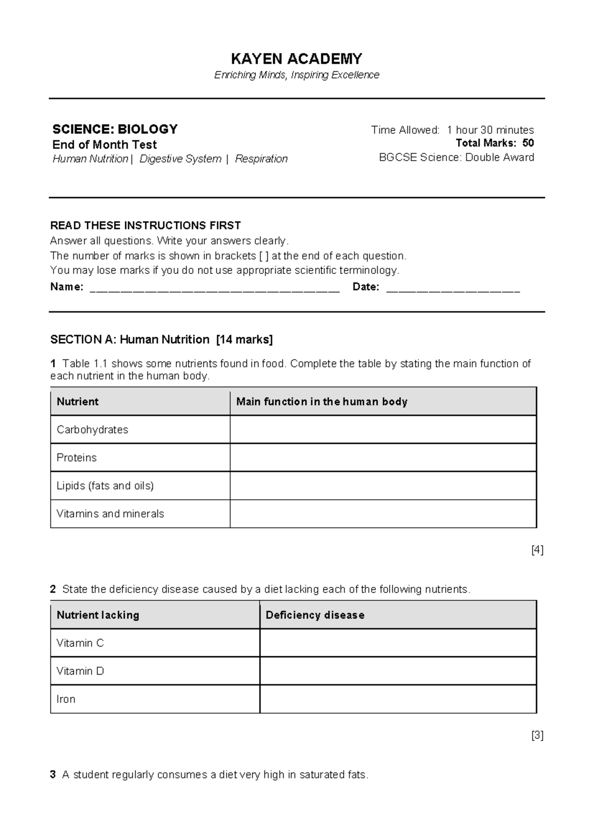KAYEN ACADEMY Biology: End of Month Test on Human Nutrition & Digestion ...