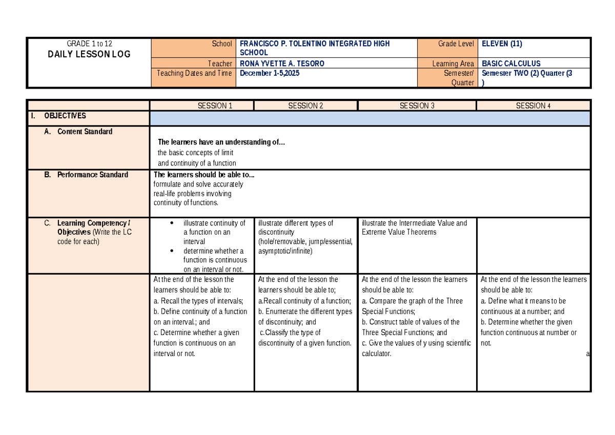 Basic Calculus Lesson Plan: Week 4 (3rd Quarter) - Studocu